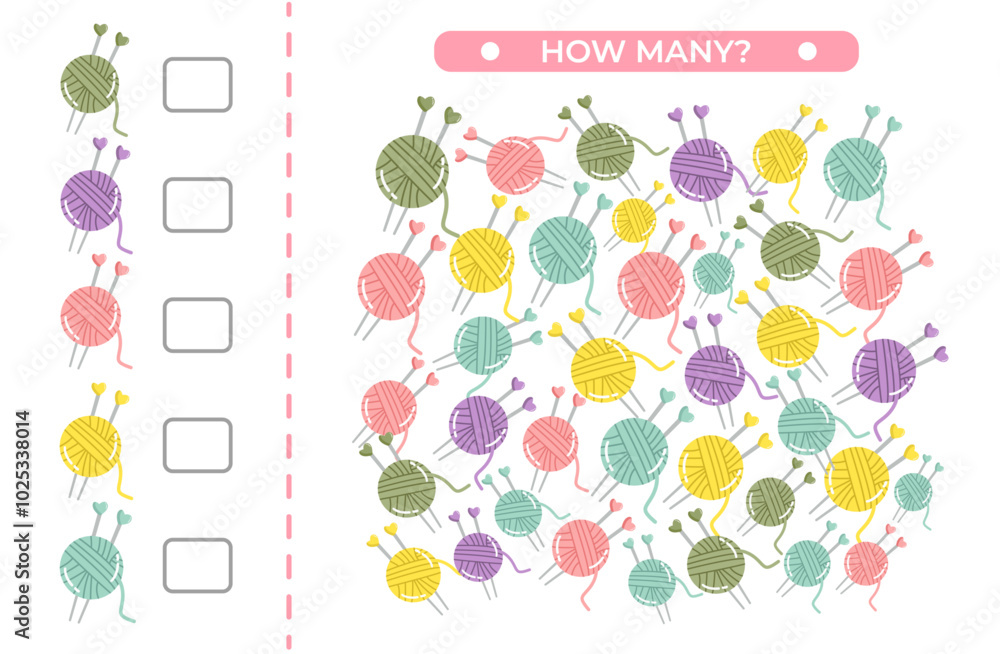 Math kids activity sheet. Count how many colorful yarn. Vector ...