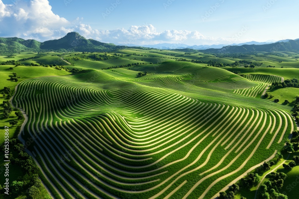 Animated 3D depiction of rural land use, where fields grow and animals ...