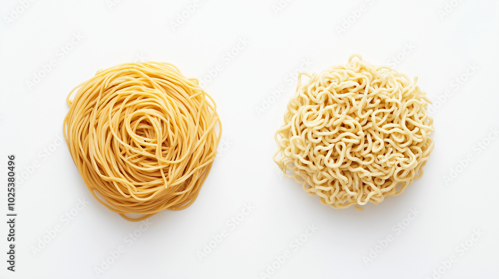 spaghetti or ramen: a close-up, top-down view of spaghetti and ramen ...