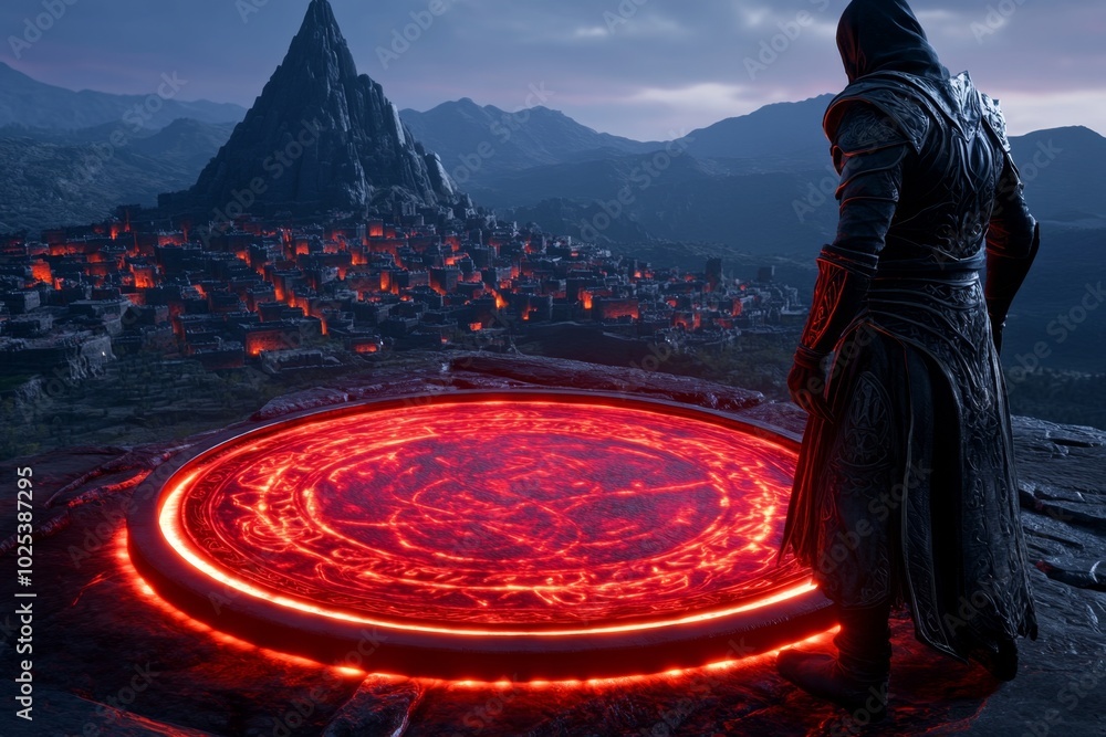 Fantasy warrior shielding a city with a glowing barrier, sacrificing ...