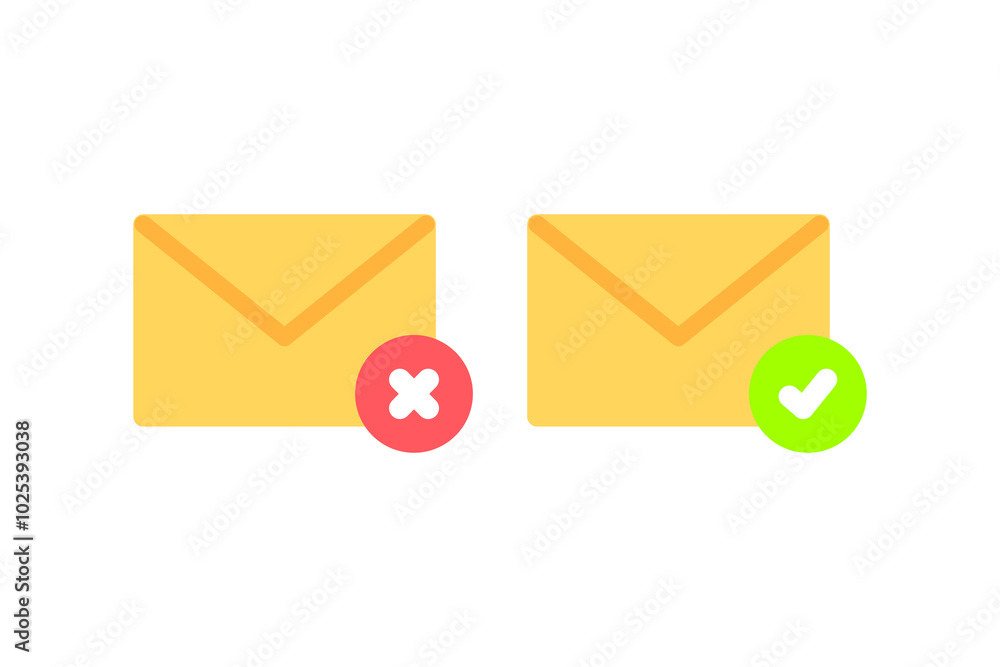 Set of mail icon with green tick check mark and red cross mark ...