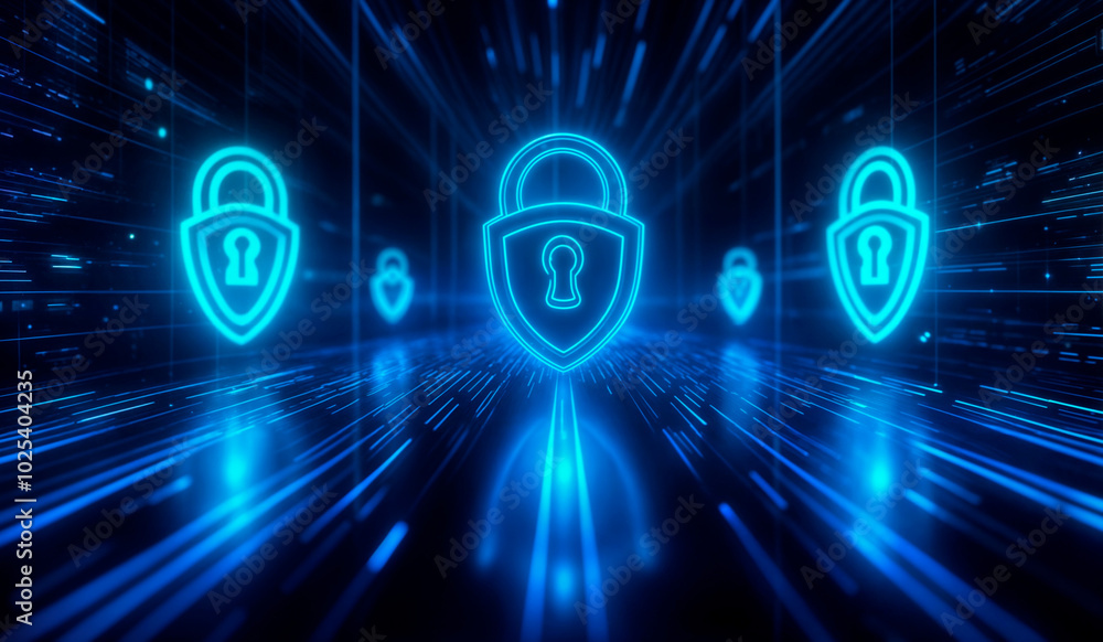 Glowing blue lock icons moving diagonally on a blurred blue digital ...