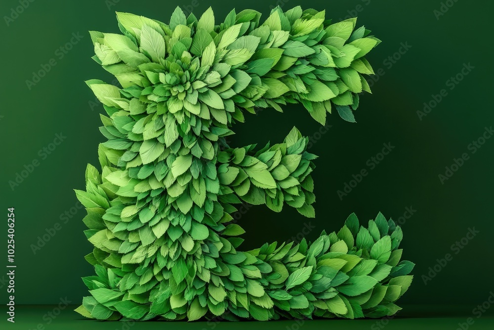 Letter E crafted from green sage petals, Green sage petals arranged in ...