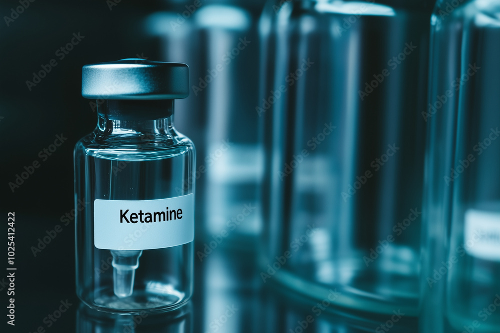 Anesthesia drug ketamine in a glass vial on a reflective laboratory ...