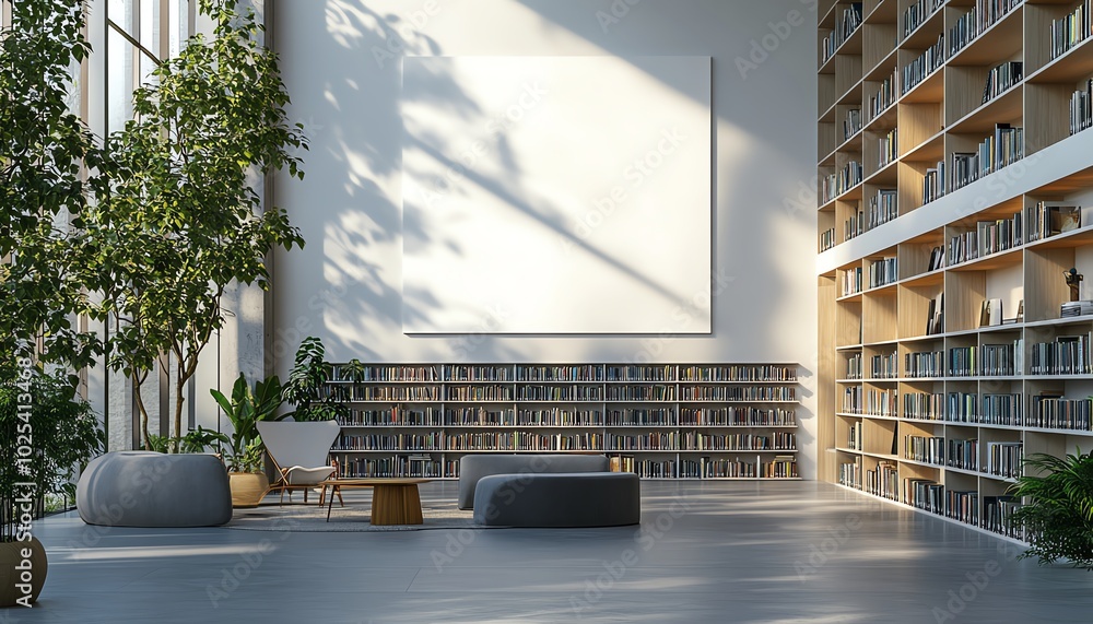 Modern public library featuring blank white wall sections for digital ...