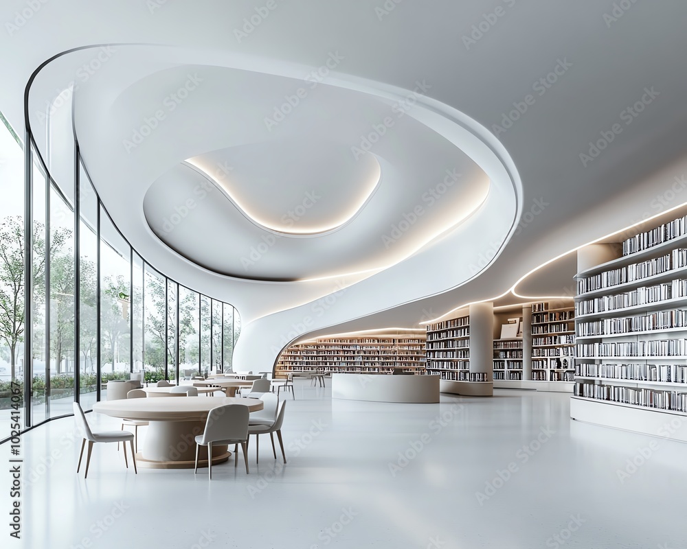 Futuristic public library interior design, clean blank wall space for ...