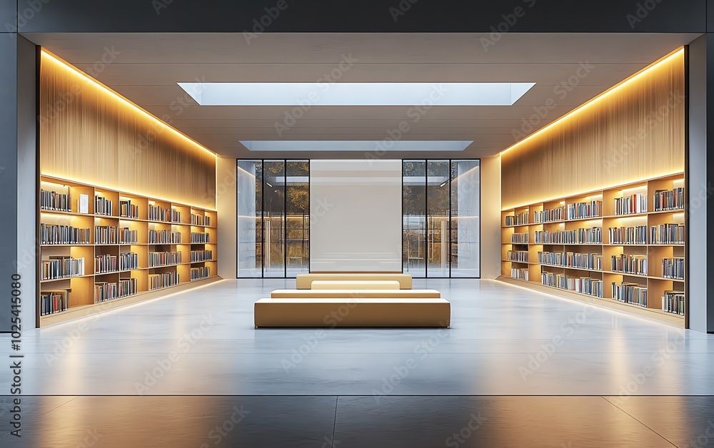 Public library with sleek modern aesthetics, blank walls ready for ...
