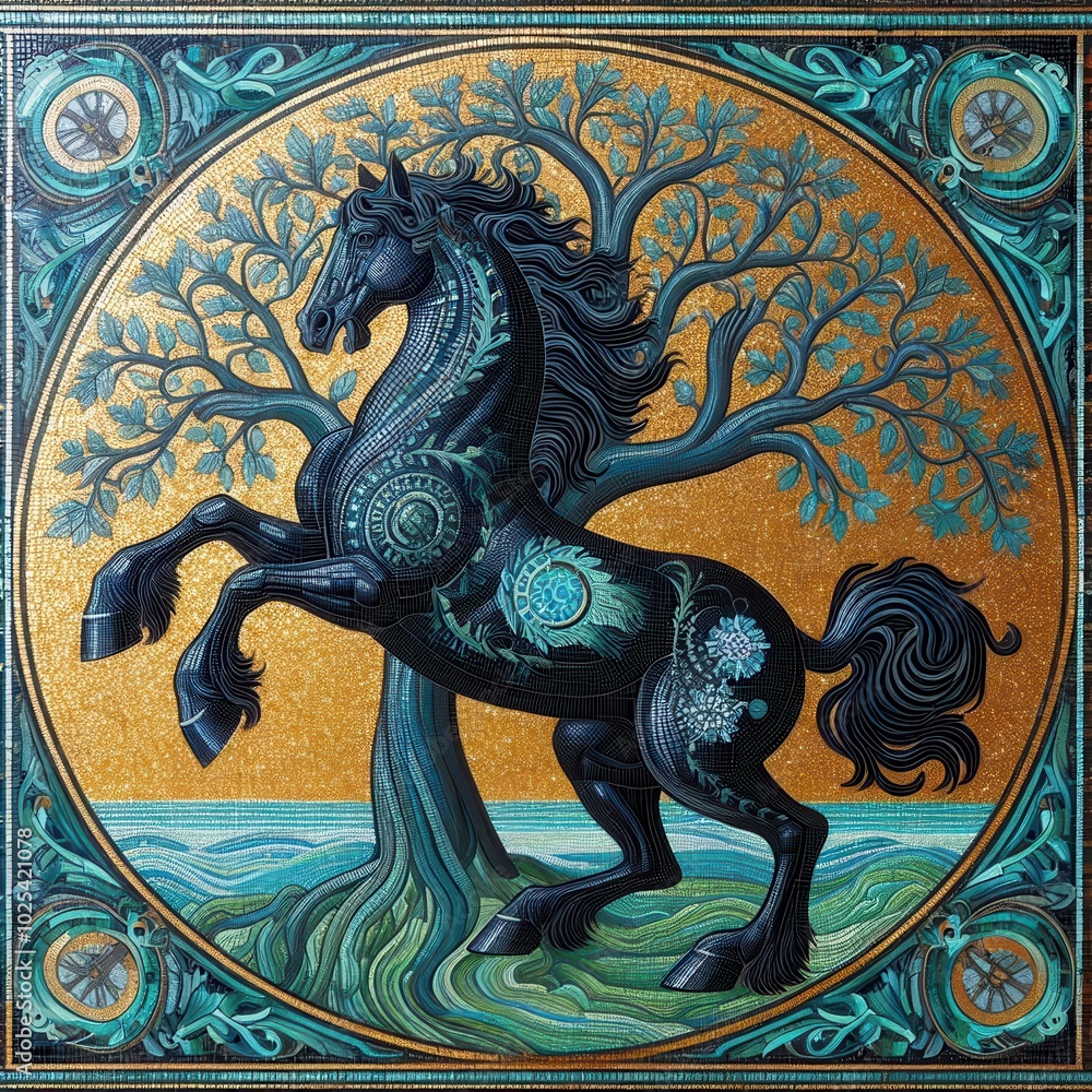 Golden Mosaic Friesian Horse Painting and Artifact | Amazing Stallion ...