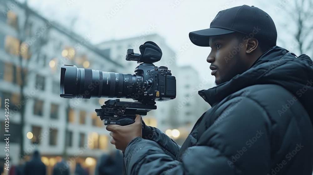 Cinematic shot of a man with a black cap holding a cinema camera and ...