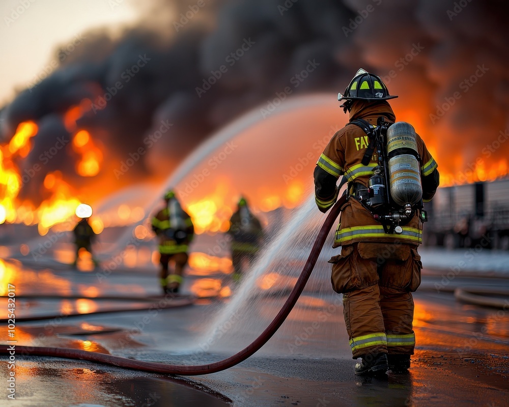 Firefighters combat a large blaze, using hoses to extinguish flames and ...