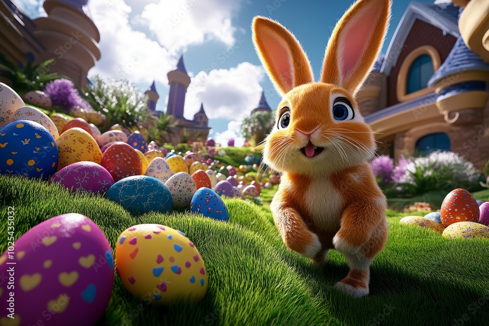 3D animation of a bunny hopping through a virtual Easter egg hunt, with ...