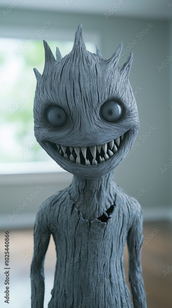 Creepy, wooden humanoid figure with sharp teeth and hollow eyes ...