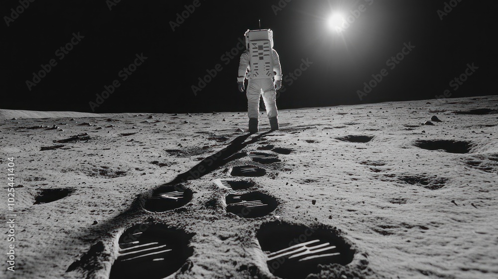 An astronaut stands on the moon's surface, leaving footprints behind ...