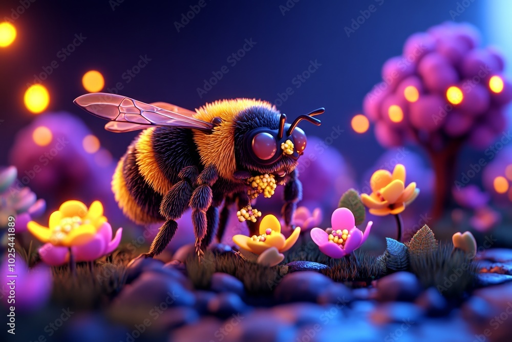 Giant bee and bumblebee in a mystical orchard, with oversized blossoms ...