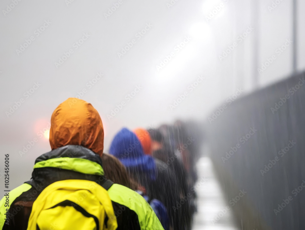 Evacuated passengers in long line under heavy rain, wearing colorful ...