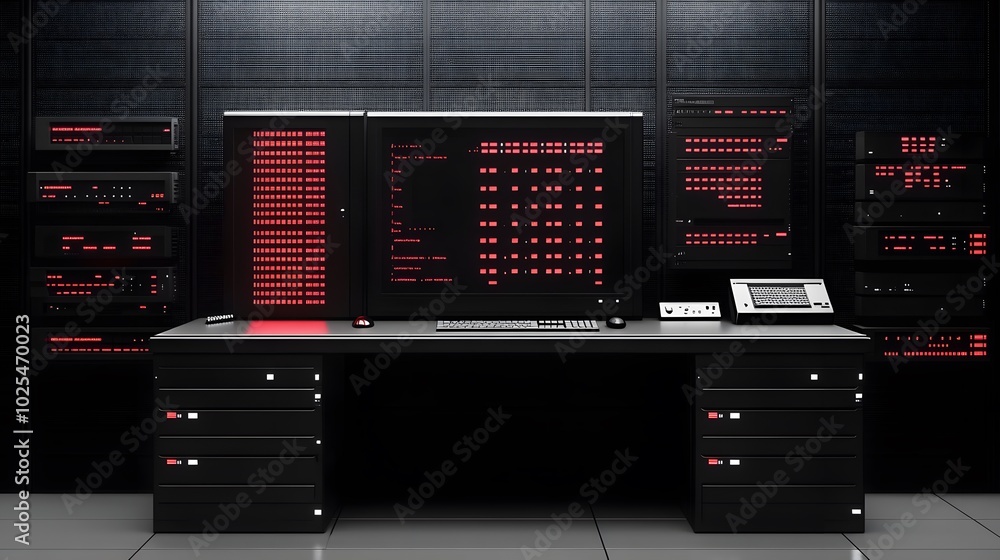 Futuristic cyber workstation with red accents and high-tech displays ...