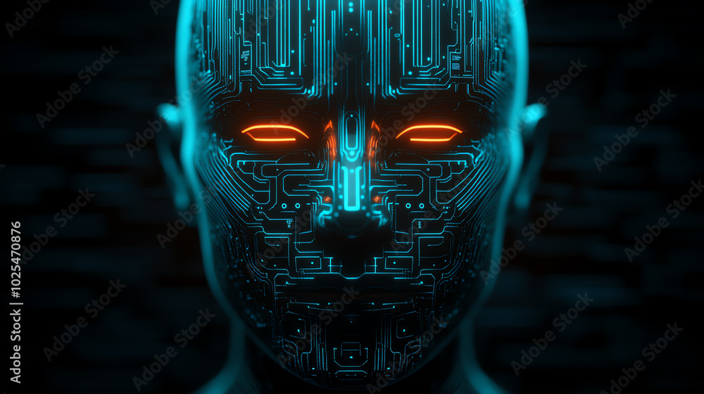 Futuristic humanoid robot face with glowing orange eyes, intricate ...