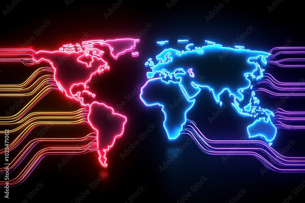 Neon World Maps, vibrant interconnected lines, dark backdrop, pink and ...