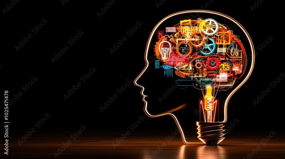 Inventive Mindscape, human head silhouette, vibrant neon gears, symbols ...
