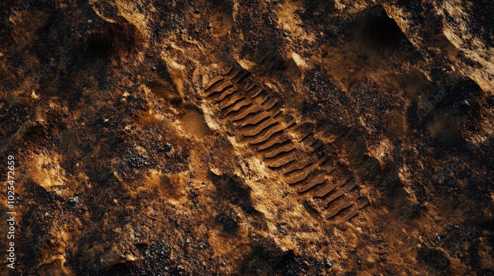 2410_080.vivid boot track pressed into loose topsoil, complex tread ...
