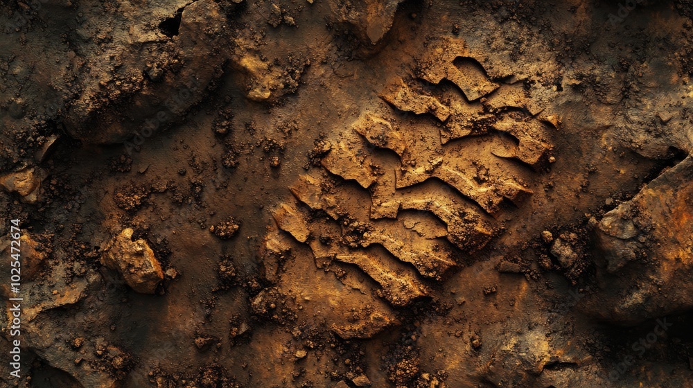 2410_080.vivid boot track pressed into loose topsoil, complex tread ...