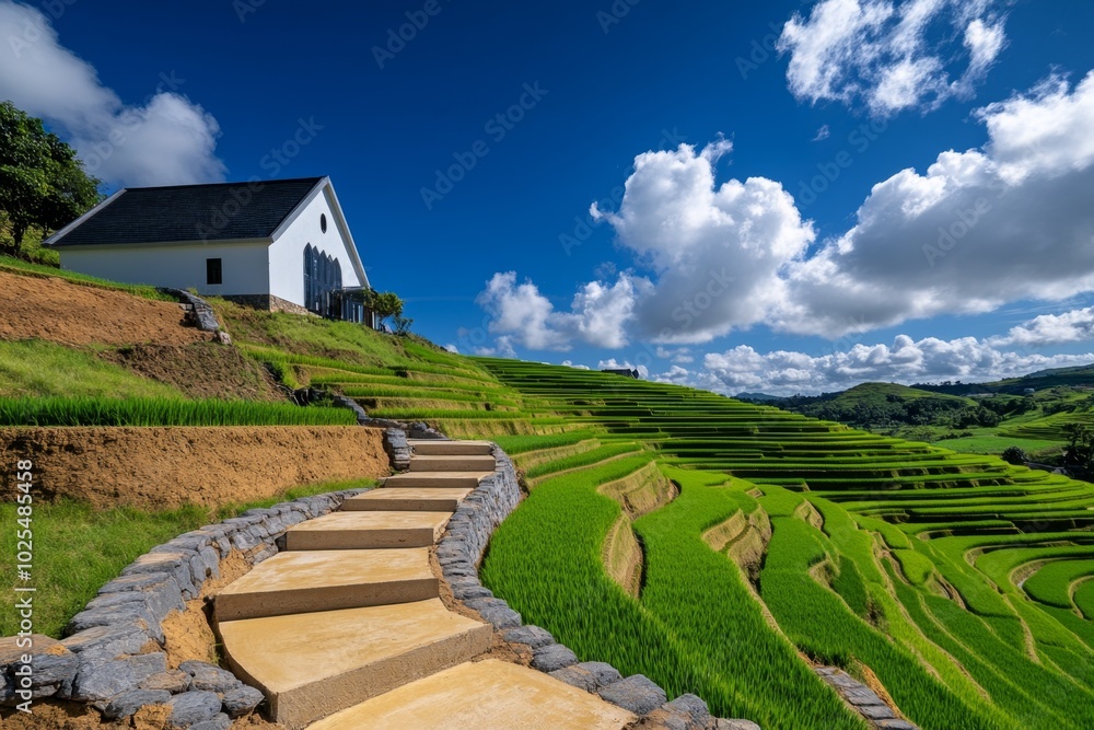 Terraced farmland on a hillside, where rice paddies cascade down in ...