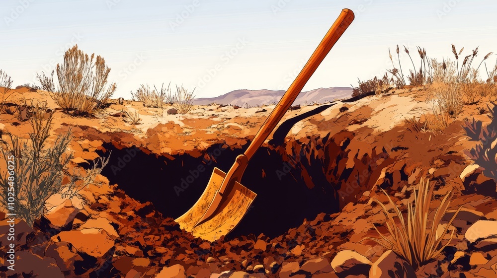 stylized cartoon illustration, excavation scene, ochre desert landscape ...