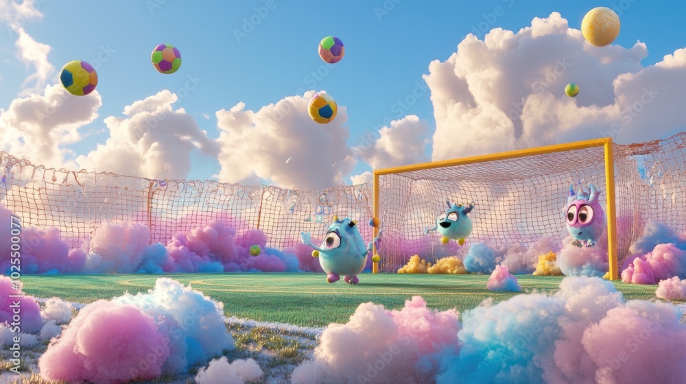 3D animated creatures playing soccer on a field made of clouds, with ...