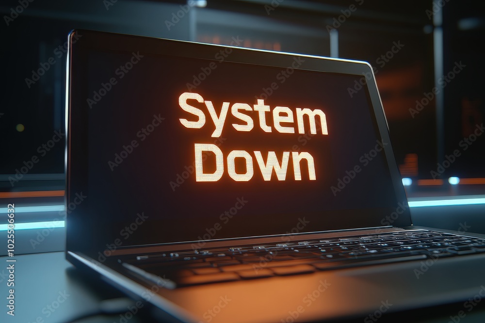 Laptop screen showing system down message Stock Photo | Adobe Stock