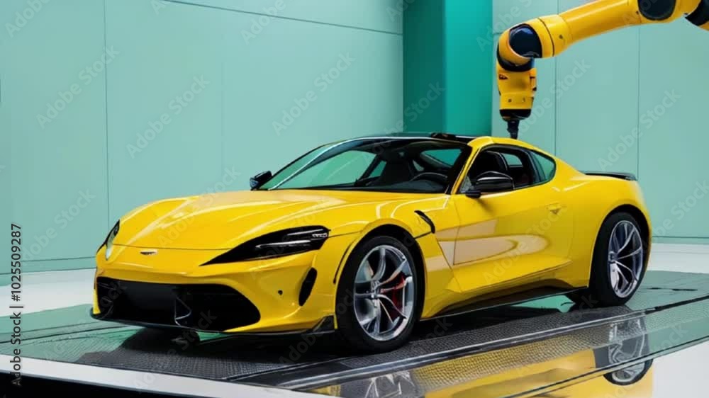 A sleek yellow sports car is showcased in a modern factory, surrounded ...