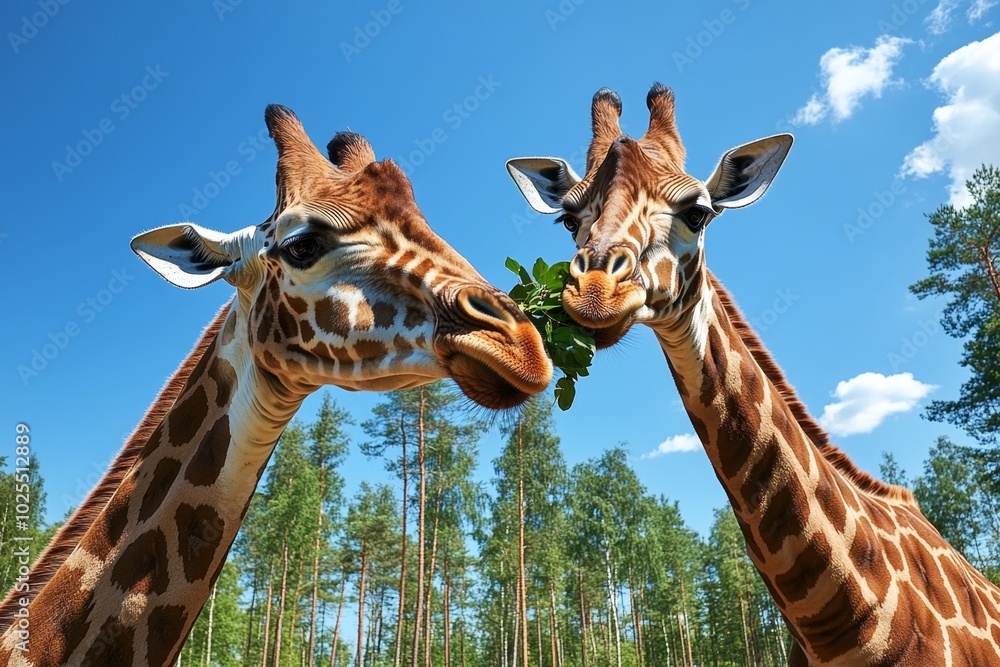 Giraffes feeding from tall trees, reaching high with their long necks ...