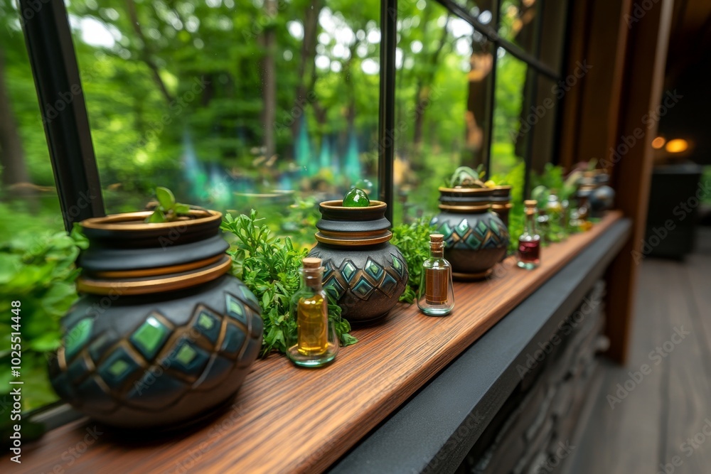 Magical window in a witchâ€™s cottage, with potion bottles and ...