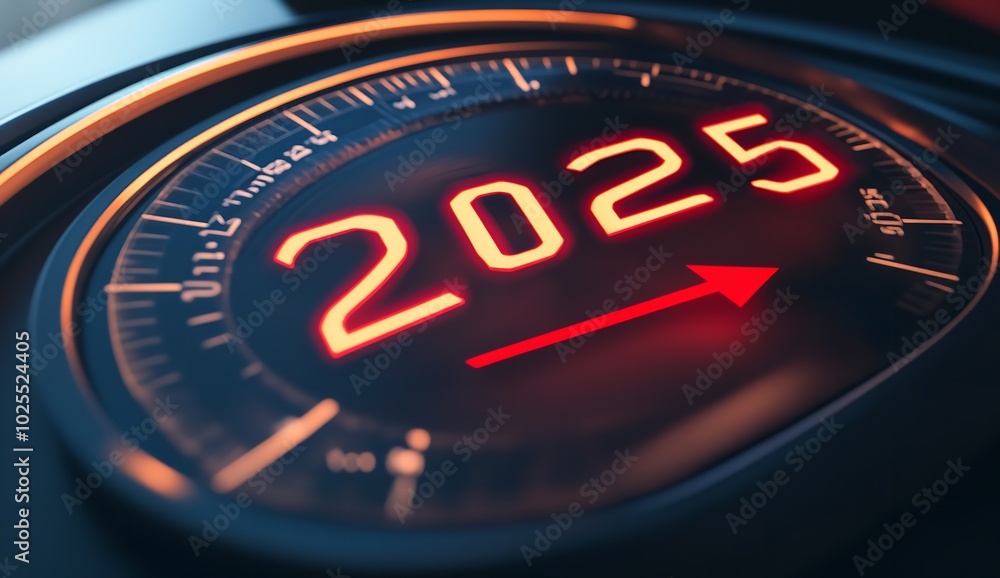 A close-up view of a speedometer or gauge showing the year 2025 in red ...