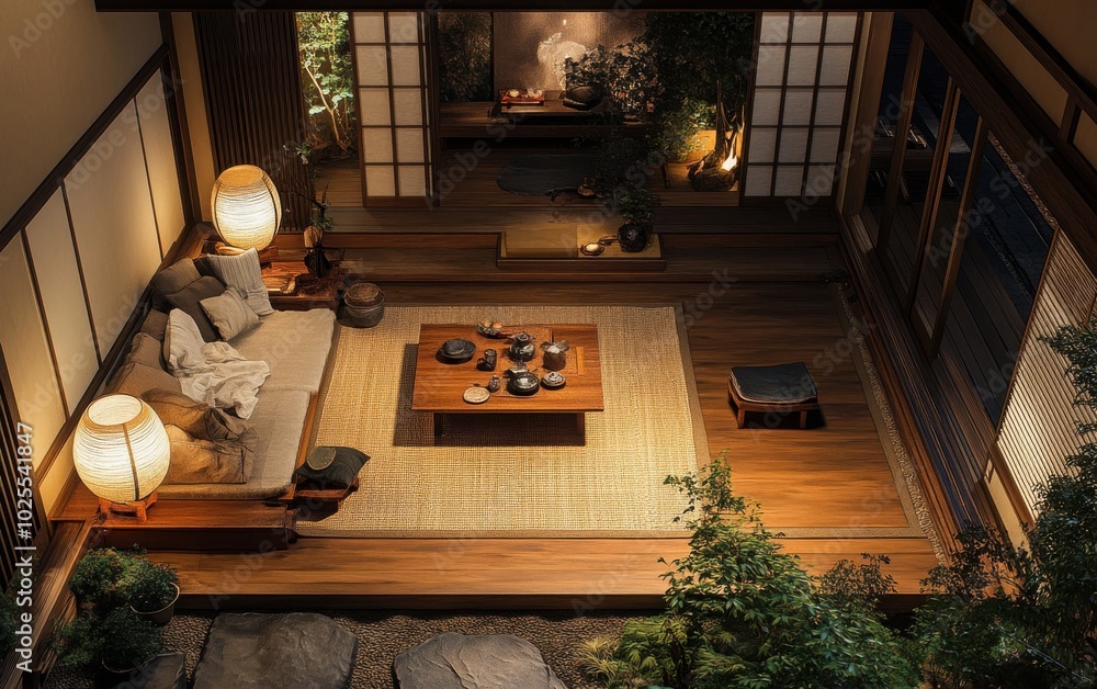 Top-down view of the living room layout, emphasizing the arrangement of ...