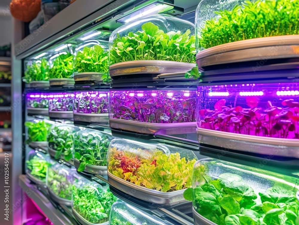 Vertical farm setup with vibrant greens and microgreens under LED ...