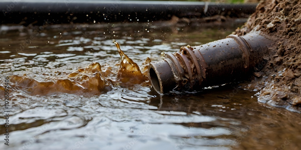 pipe in the water with water coming out of it, water flowing through ...