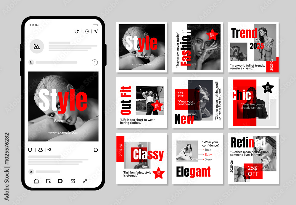 Red Fashion Media Post Layout Design Stock Template | Adobe Stock