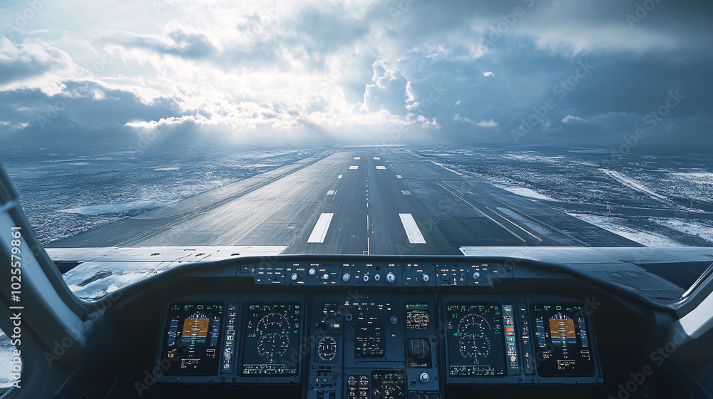 Cockpit pilot Flight Deck display. Throttle jet cabin with control ...