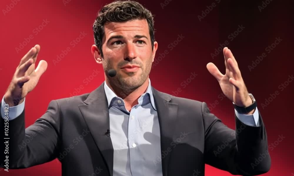 A man in a suit passionately speaking on stage with hand gestures ...