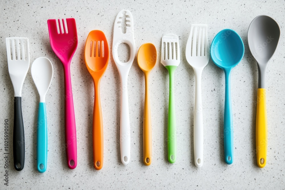 A variety of plastic kitchen utensils laid out on a countertop ...