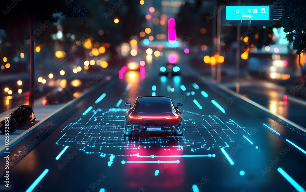 Futuristic car driving on a smart road with digital overlays ...