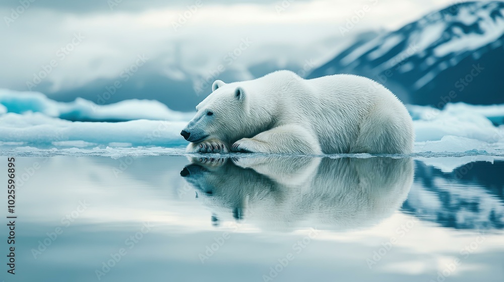 A polar bear lounges on a shrinking ice floe, symbolizing the dire ...