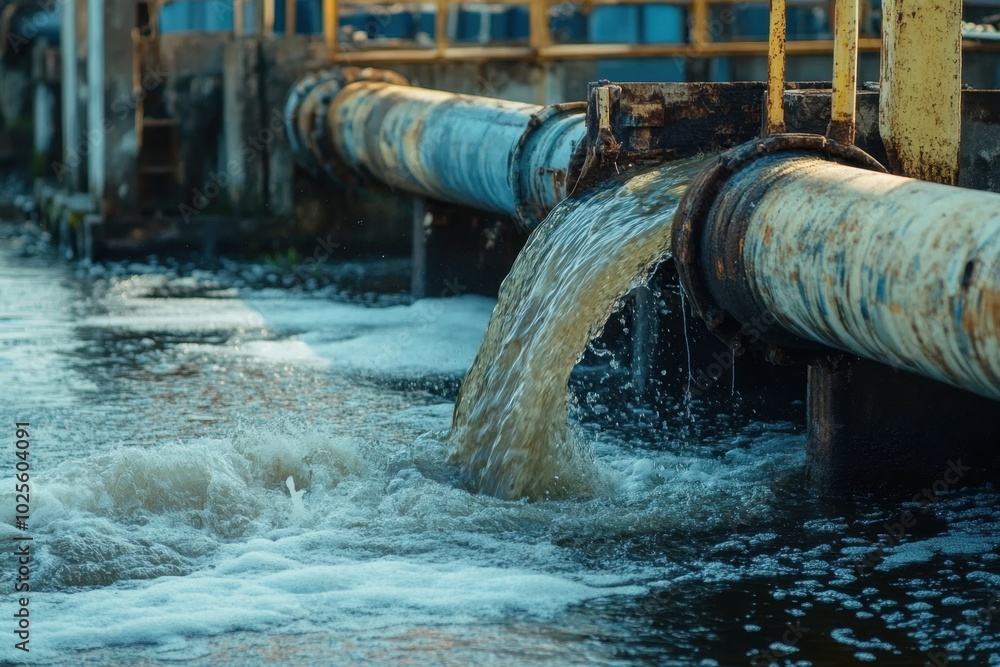 Chemical plant discharging waste into a river, with toxic chemicals ...
