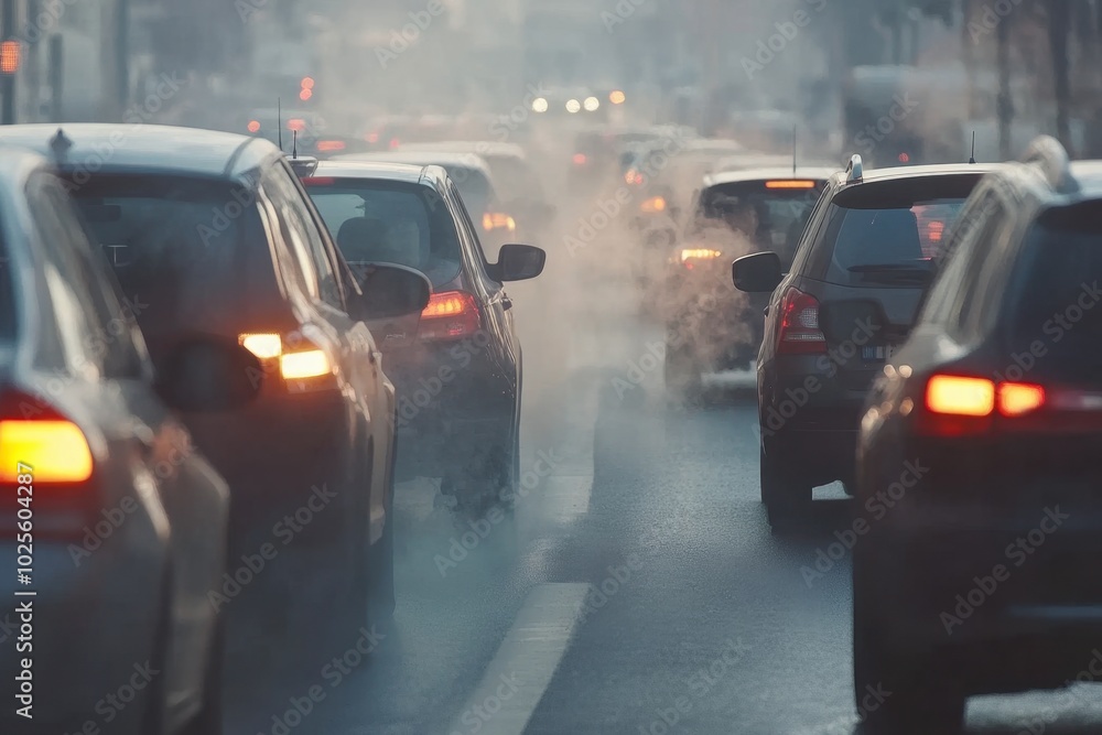 Choking traffic on a highway during rush hour, with visible exhaust ...