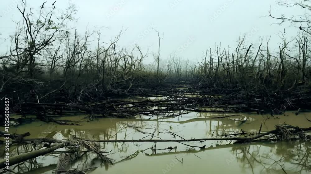 View of destroyed mangrove forests. Mangrove forests are destroyed and ...