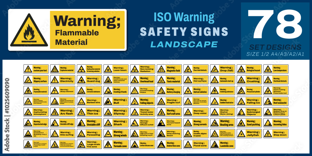 78 set ISO warning safety signs v21_flammable material_landscape size 1 ...