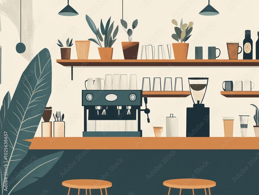 A detailed coffee shop background vector, featuring simple ...