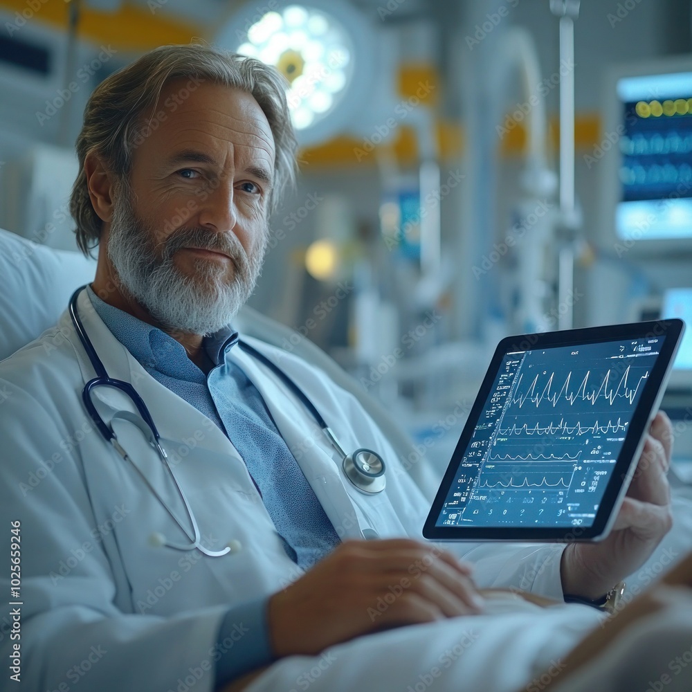 High-Tech Doctor Examining Vital Signs of Patient with Tablet ...