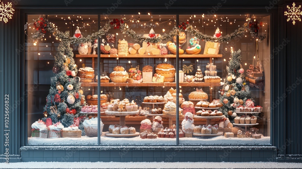 Blank mockup of a bakery window display in 3D, decorated with festive ...