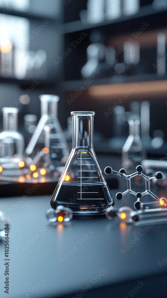 Laboratory setup with glassware and molecular models on a sleek ...